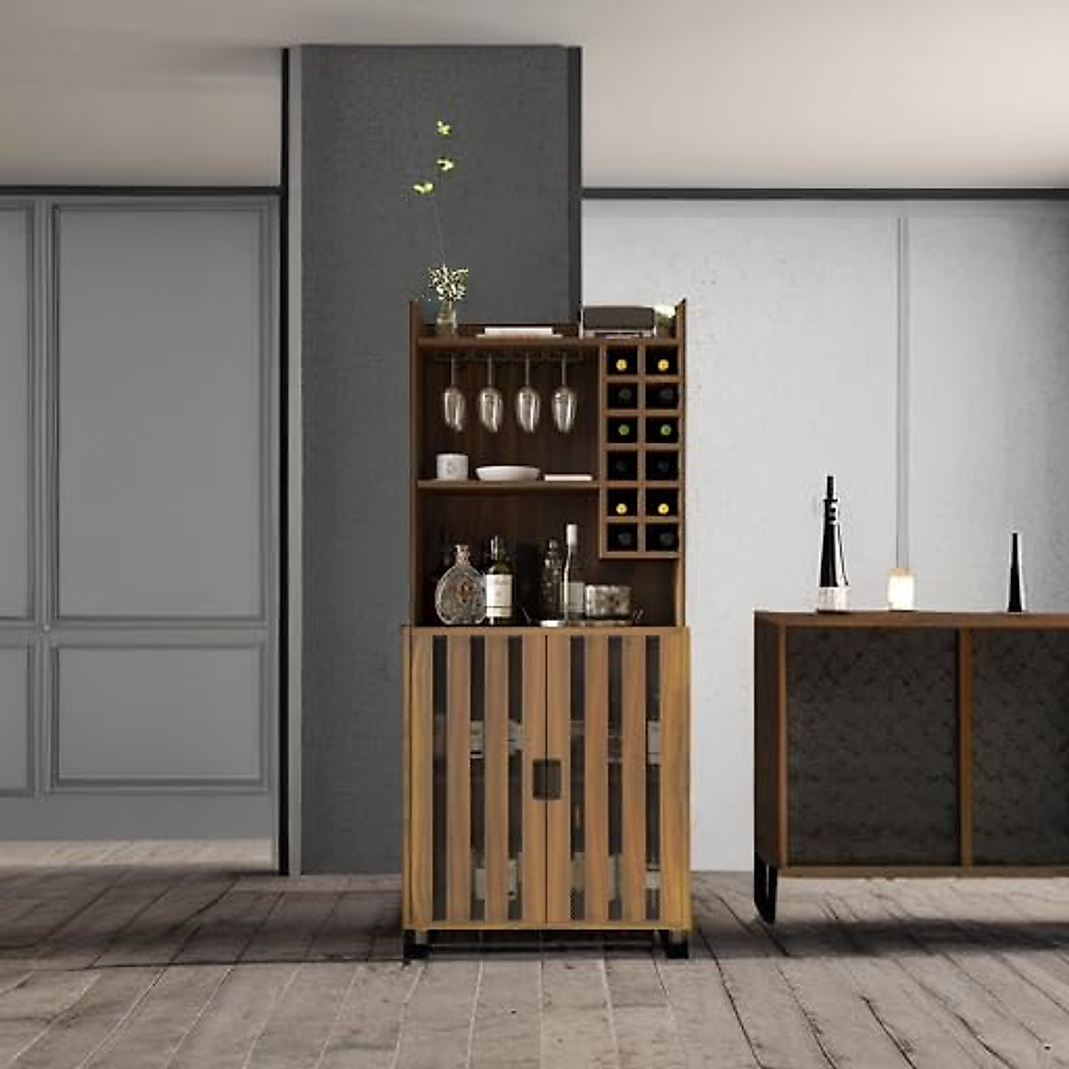Apepro Wine Bar Cabinet for Liquor and Glasses with 12 Wine Bottle Racks, Kitchen Hutch Storage Cabinet for Living, Dinning Room, Hallway—Doors That Combine Wire Mesh with MDF