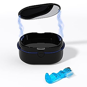 Denture Bath Box And Denture Brush Denture&Retainer Set, Denture Case with Mirror (Black)