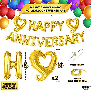 KatchOn, Gold Happy Anniversary Balloons Letters - 18 Inch, Gold Hook Heart Balloons Foil | Gold Happy Anniversary Banner for Happy Anniversary Decorations | Gold Happy Anniversary Balloon Banner