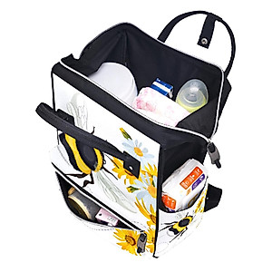 Bumble Bee and Flowers Diaper Bag Backpack, Large Capacity Muti-Function Travel Backpack