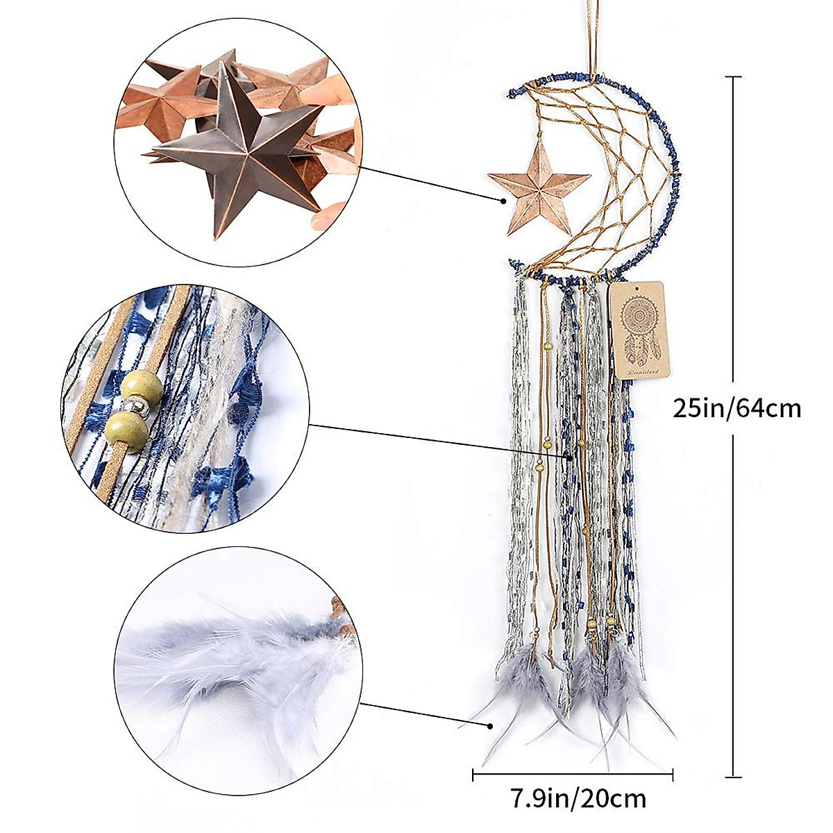 Dremisland Blue Dream Catcher Handmade Half Circle Moon Design Dream Catcher Feather Hanging with Star Home Decoration Ornament Festival Gift (Moon& Star)