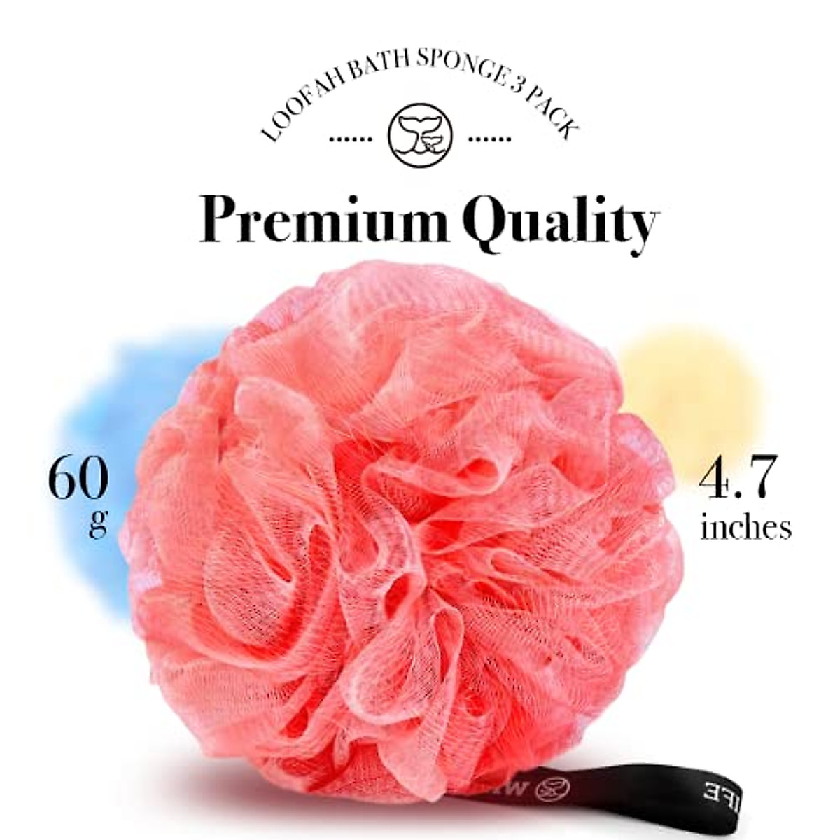 WhaleLife Bath Loofah Sponge Shower Pouf Puff for Men Women 3 Pack (Pink Blue Yellow)