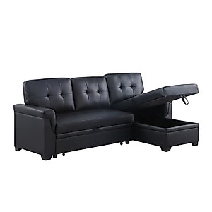 Lilola Home Lexi Black Synthetic Leather Modern Reversible Sleeper Sectional Sofa with Storage Chaise