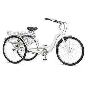 Schwinn Meridian Adult Tricycle Bike, Mens and Womens Three Wheel Beach Cruiser, 26-Inch Wheels, Low Step-Through Frame, Wide Seat, Rear Folding Basket, Single-Speed, White