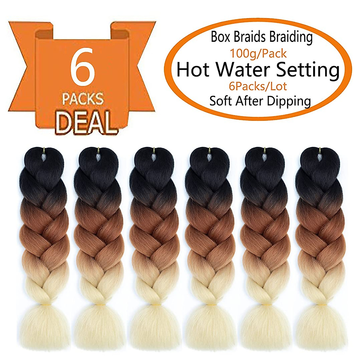 SHUOHAN 6 Packs Ombre Jumbo Braiding Hair Extensions 24 Inch High Temperature Synthetic Fiber Hair Extensions for Box Braids Braiding Hair (Black to Brown to Beige)