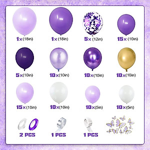 Purple Balloon Garland Kit, FEBALHS Purple Gold and White Balloons with Butterflies Stickers Dark Purple Light Purple Balloons for Birthday Party Baby Showers Sweet 16 Celebrations (Purple)