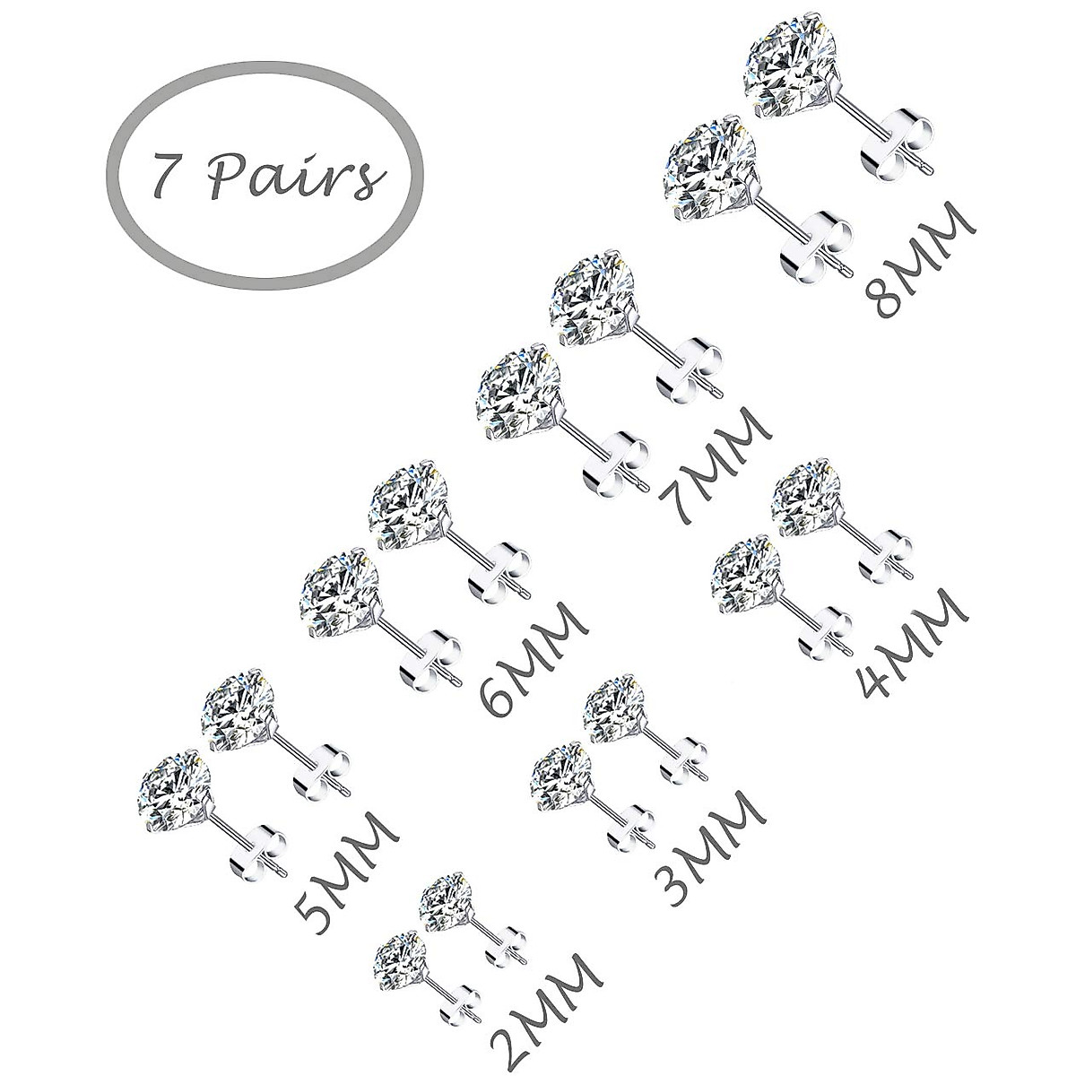 Tornito 7 Pairs 20G Stainless Steel Stud Earrings Round Cubic Zirconia Barbell Earring Set For Men Women 2MM-8MM Silver Tone