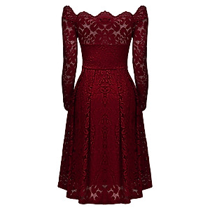 MISSMAY Women's Vintage Floral Lace Long Sleeve Boat Neck Cocktail Party Swing Dress (X-Large, A-red, x_l)