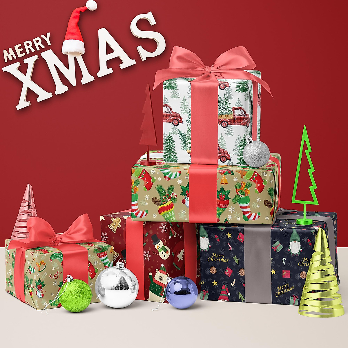 GIOLNIAY Christmas Wrapping Paper for Kids Boys Girls - Wrapping Paper Christmas Bundle with Santa, Green Stockings, Red Truck, Woodland Designs - 6 Jumbo Sheets (28 x 40 inches), Easy to Store