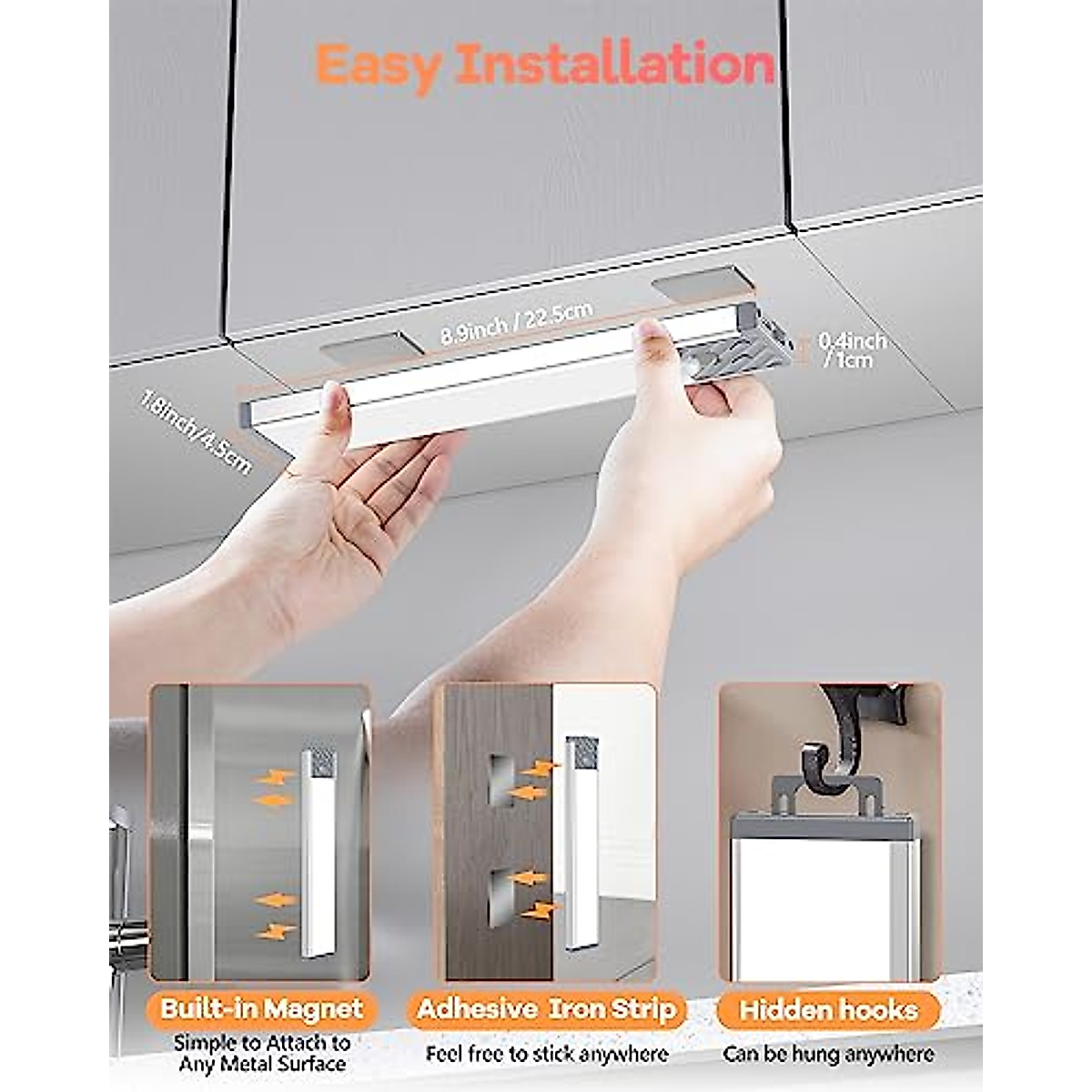 Under Cabinet Lights Rechargeable 40 LED Closet Lights, 3 Color Temperatures Dimmable Motion Sensor Lights Indoor, Wireless Magnetic Night Lighting for Kitchen, Wardrobe, Cupboard, Drawer, 2 Packs
