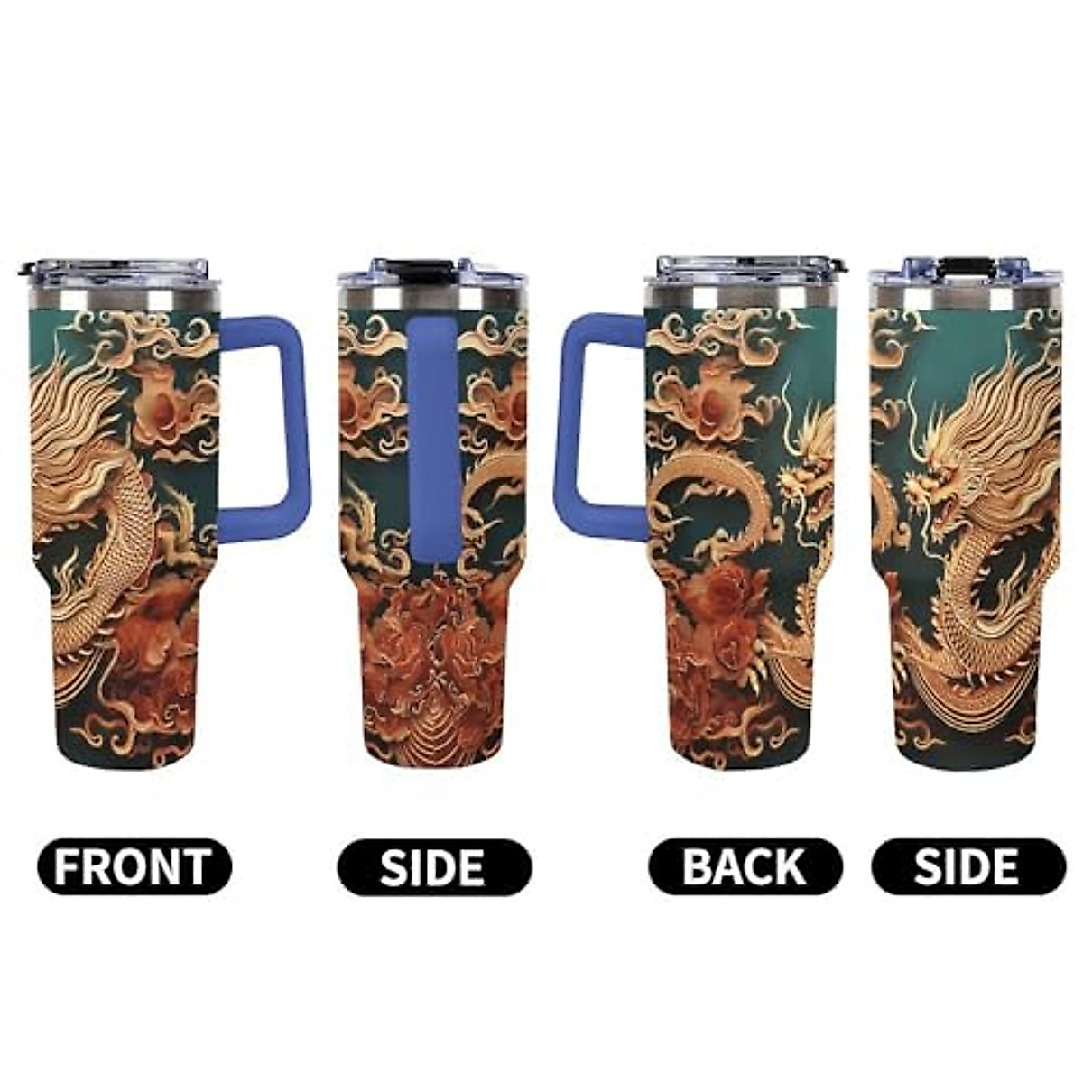40 Oz Vacuum Tumbler with Deep Blue Handle Leakproof Insulated Tumbler Dragon Chinese Background Stainless Steel Travel Mug with Lid And Straw Coffee Cup Cute Water Bottles Cup Holder Friendly