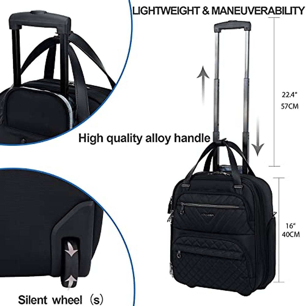 KROSER Carry On Underseat Multi-functional, 16-inch Underseater Lightweight Overnight Suitcase for Men Women, Black