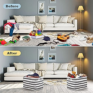 Consmos Rectangle Storage Baskets for Organizing Shelves Set of 3, Collapsible Canvas Storage Bins Nursery Hamper Toy Storage Organizer with Handles for Toys Books Clothes, Gray& White Stripe