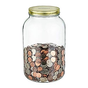 Large Coin Bank Jar with Slotted Gold Lid Holds Over $2,900 in Coins- Mason Money Jar Used for Piggy Bank and Raffle Ticket Drawing - Glass Money Jar Made in USA - Gallon