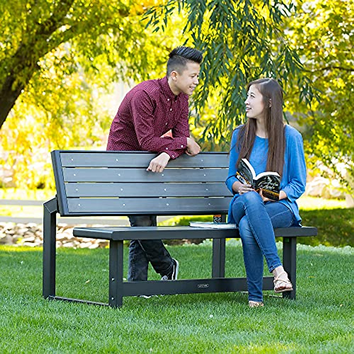 Lifetime 60253 Outdoor Convertible Bench, 55 Inch, Harbor Gray & POLYWOOD ECT18GY Long Island Side Table, 18-Inch, Slate Grey