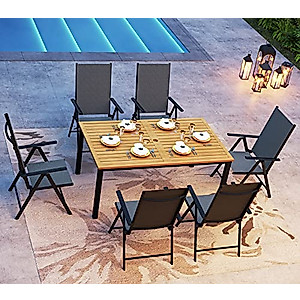 PHI VILLA 7 Piece Patio Dining Set, Outdoor Dining Furniture Patio Table Set with Patio Folding Chairs (Black) & Rectangle Wooden-Like Outdoor Dining Table for Lawn, Garden and Yard