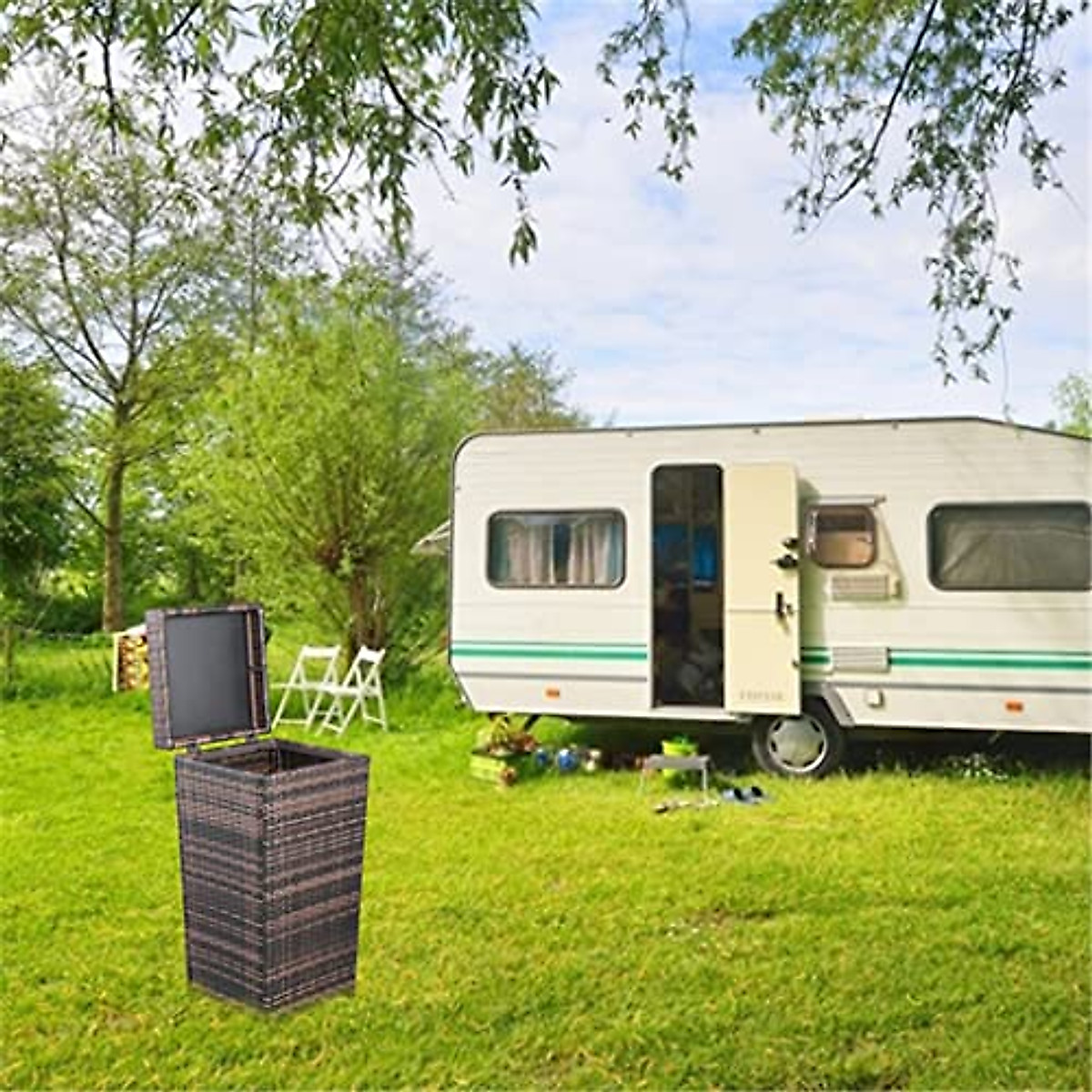ZSEDP with Top Cover Iron Frame Rattan Trash Can Brown Gradient Outdoor Trash Can Warehouse