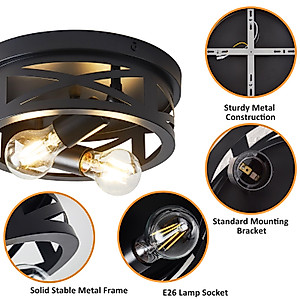 2-Light Black Flush Mount Ceiling Light Fixtures, Industrial Farmhouse Ceiling Light Fixture, Light Fixtures Ceiling Mount, Vintage Closed to Ceiling Mount Lamp for Hallway Kitchen Bedroom 2 Pack