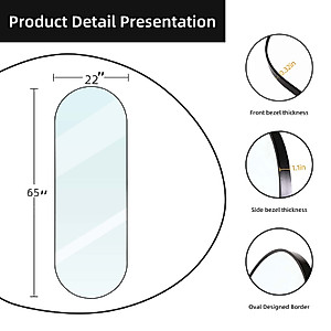 ZHUNFA 65"x 22" Oval Full Length Wall Mirror, Arched Top, Black