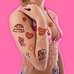 COKOHAPPY Groovy 70s Hippie Temporary Tattoos - 36 Sheets with 300+ Tattos | Flower Power Groovy Party Supplies, Good Vibes Only Favors, Smiley, Peach Love, Rainbow Arts and Crafts Daisy Party Favor