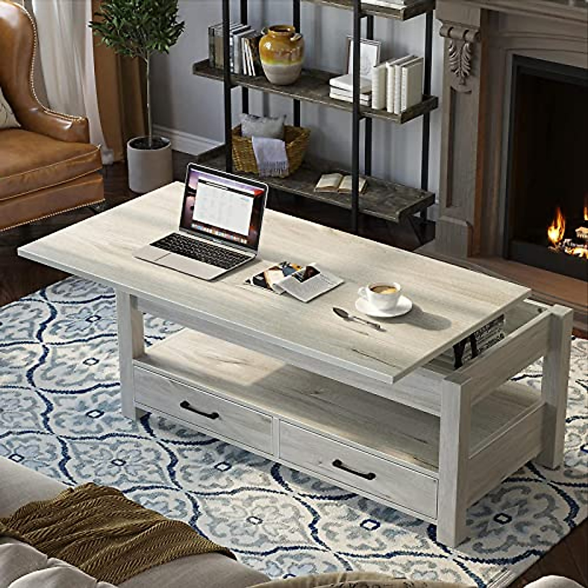 Rolanstar Coffee Table, Lift Top Coffee Table with Drawers and Hidden Compartment, Retro Central Table with Wooden Lift Tabletop, for Living Room,Grey