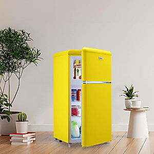 WANAI Mini Fridge Dual Door Refrigerator with Freezer 3.5 Cu.Ft, Compact Refrigerator with Adjustable Temperature & Removable Glass Shelves, Fridge for Apartment/Dorm/Office/RV, Yellow