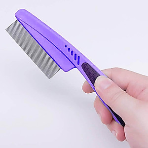 LLTGMV Flea Comb with Rubber Handle, Cat and Dog Flea Comb, Stainless Steel and Plastic, Medium, Purple