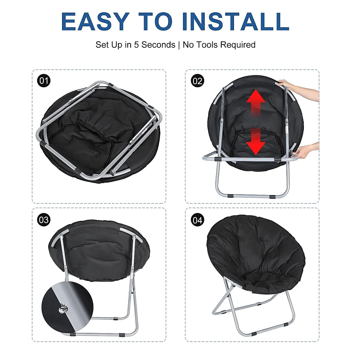 Oversized Moon Chair with Metal Frame, Comfy Chair for Outdoor, Saucer Chair for Courtyard, Cozy Faux Fur Lounge Chair, Black