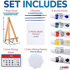 J MARK Paint Set – Mini Canvas Acrylic Painting Kit with Wood Easel, Canvases, Paint, Brushes & More