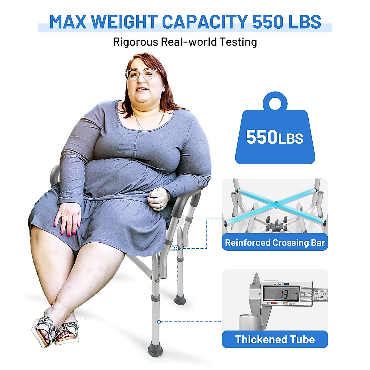 Tocebe Shower Chair for Inside Shower, 550LB Capacity Shower Seat with Reinforced Cross Bar, Adjustable Height Anti Slip Bath Chair with Backrest, Padded Armrests, Loofah Stick for Elderly & Disabled