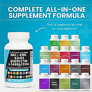 NAC Supplement N-Acetyl Cysteine 1000mg Vitamin D3 K2 Zinc Quercetin 1000mg Sarracenia Purpurea 1000mg with Elderberry Holy Basil Bee Propolis Bromelain L-Lysine Made in USA - 60 Count