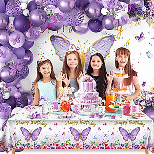 Butterfly Party Decorations, Girls Birthday Themes Decorations with Purple Balloon Arch Kit Butterfly Photography Backdrop Banner and Tablecloth for Girls Women Butterfly Birthday Decor