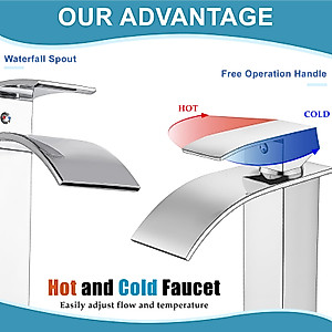 Midanya Bathroom Sink Faucet Waterfall Spout Single Handle 1 Hole Deck Mount Mixer Tap Lavatory Vanity Vessel Faucet Commercial with Pop Up Drain,Short, Polish Chrome