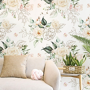 BaoHArtHome Floral Wallpaper Paper Peel and Stick Contact Paper Removable Pink Gold Leaf Easy Peel Off Vinyl Wallpaper Self Adhesive for Bedroom Living Cabinet Room Deco 17.7 in x6.6ft