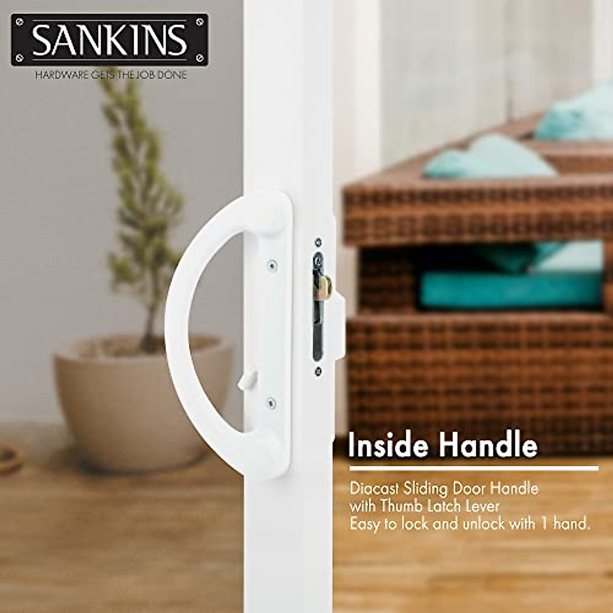 SANKINS Sliding Patio Door Handle Pull Set with Mortise Lock, Full Replacement White Diecast Non-Keyed Gate Handle Set for Sliding Glass Door, Fits 3-15/16” Hole Spacing