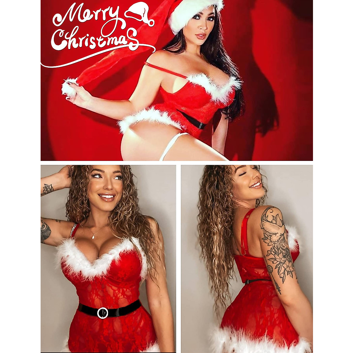 Avidlove Christmas Lingerie For Women Santa Dress Red Lingerie Babydoll Lace Chemises Set (Red, L) Lingerie Costume