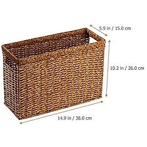 Zerodeko Imitation Rattan Hand Woven Magazine Basket, with Handles, Plastic Storage Basket Magazine Wicker Basket Hollow Handle Basket Desktop Magazine Holder