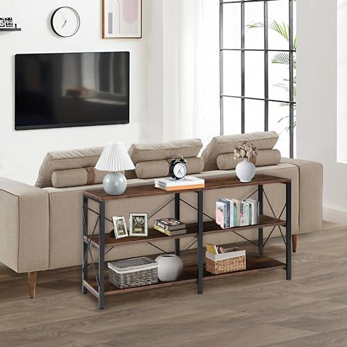 BETTAHOME 3-Tier Low Book Shelf, 55 Inch Wide Open Book Shelf, Industrial Wooden Bookcase for Home Office, Bedroom, Living Room, Rustic Brown and Black