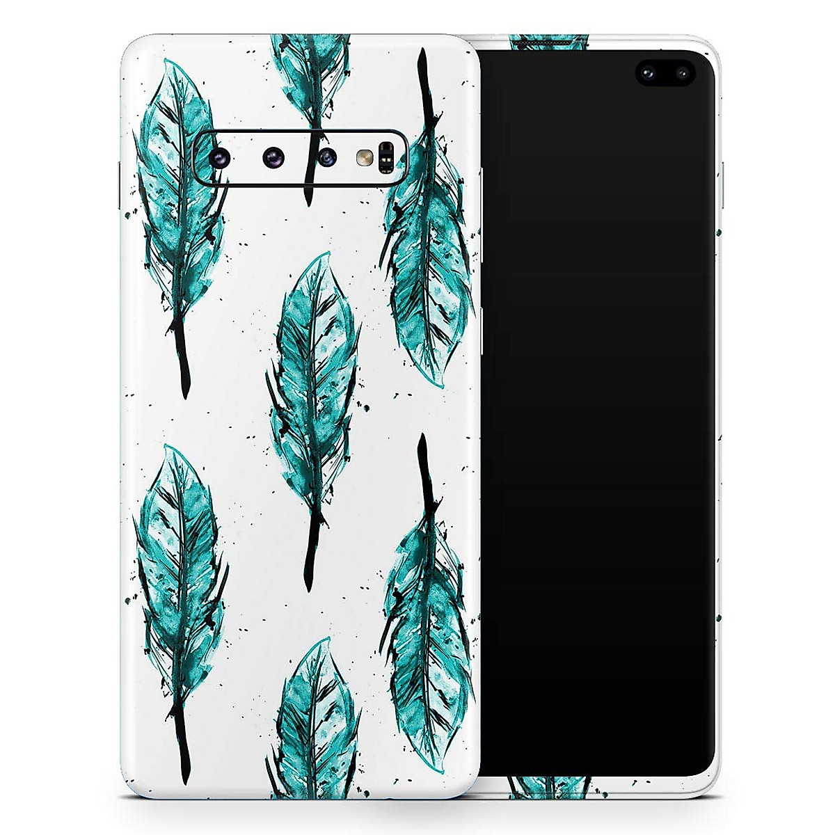 DesignSkinz Splattered Teal Watercolor Feathers Protective Vinyl Decal Wrap Skin Cover Compatible with The Samsung Galaxy S20 (Screen Trim & Back Glass Skin)
