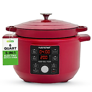 6 Quart Electric Dutch Oven | 1500W 5-in-1 Enamel Coated Cast Iron Pot with Stainless Steel Lid | Precise Temperature Control | Includes 2 Silicone Pot Holders & Heat Resistant Pad | Red