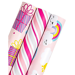 WRAPAHOLIC Birthday Wrapping Paper Roll - Mini Roll - 3 Rolls - 17 Inch X 120 Inch Per Roll - Pink Rainbow, Birthday Gift Boxes, Stripes for Kid's Birthday, Baby Shower