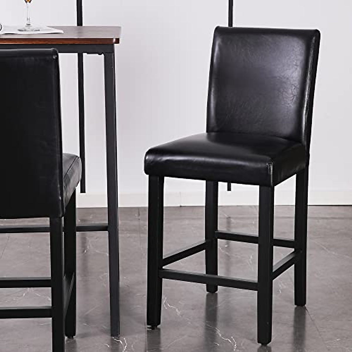 GOTMINSI Set of 2 Classic 24 Inches Counter Height Stools Upholstered Bar Stools with Solid Wood Legs and Black Leather Counter Stool(PU Black)