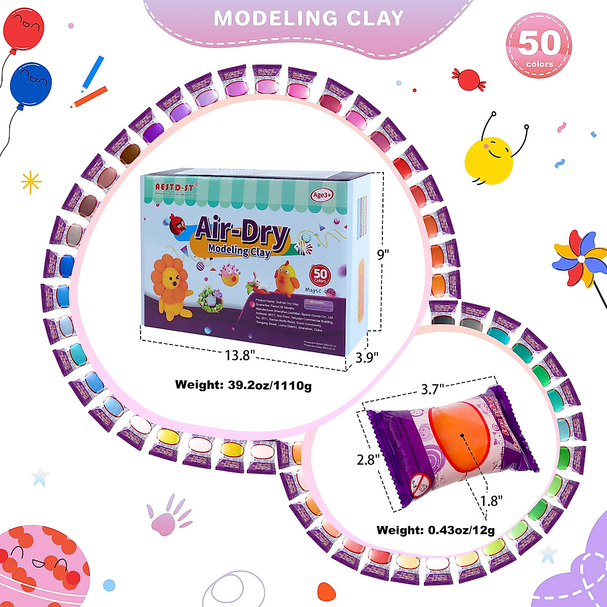 Air Dry Clay 50 Colors, Modeling Clay for Kids, DIY Model Magic Clay, Molding Clay Kit with Sculpting Tools, Non-Sticky Soft and Super Light, Arts and Crafts Gift for Boys Girls Kids.