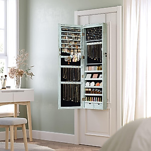 SONGMICS 6 LEDs Mirror Jewelry Cabinet, 47.2-Inch Tall Lockable Wall or Door Mounted Jewelry Armoire Organizer with Mirror, 2 Drawers, 3.9 x 14.6 x 47.2 Inches, Rustic Green UJJC93UJ