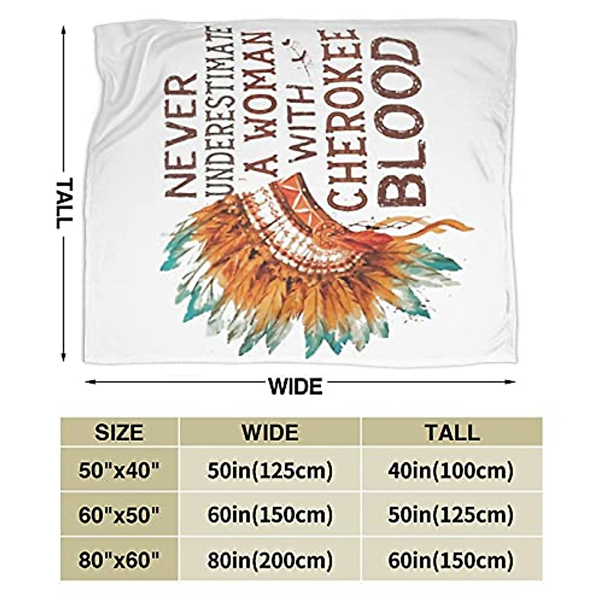 CURANI Never Underestimate A Woman with Cherokee Blood Native American Indian Flannel Blanket Lightweight Cozy Bed Blanket Soft Throw Blanket Fit Couch Sofa Car Beach Travel Picnic Camping 50"x40"