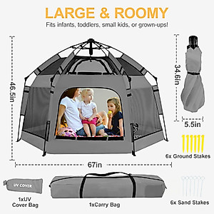Baby Playpen with Canopy, 2023 Newest Pop Up Baby Beach Tent with Safety Lock, Portable Toddler Play Yard with Travel Bag, 6 Ground Stakes, 6 Sand Stakes, 1 UV Cover for Indoor Outdoor Beach