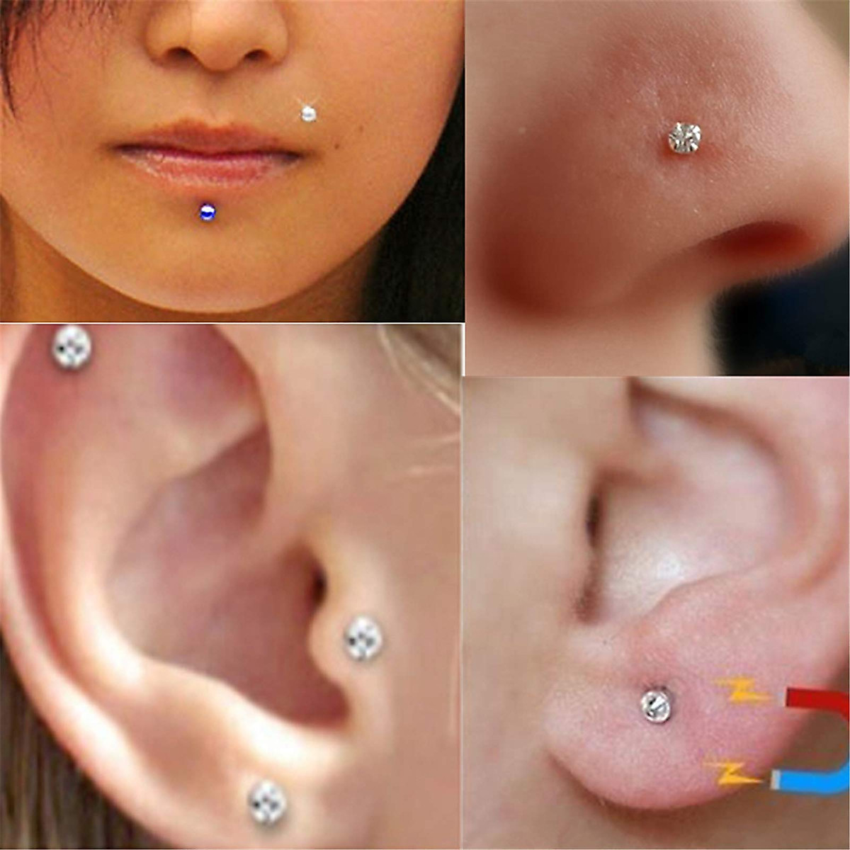 Emivery 5mm Crystal Magnetic Stud Earring Magnet Nose Ear Lip Stud Non Piercing Tragus Nose Stud 8 Pairs/Pack (8 Pairs Multi)
