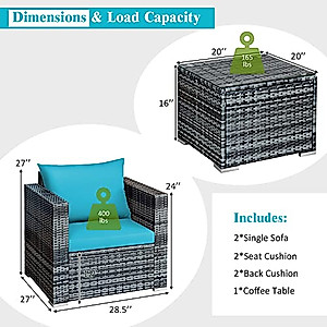 DORTALA 3 PCS Patio Wicker Bistro Set, Outdoor Rattan Sofa Set, Conversation Furniture w/Washable Cushion, Tempered Glass Top Table, Backyard Rattan Sofa Chair for Garden Poolside Balcony, Turquoise