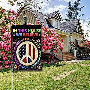Swooflia In This House We Believe Garden Flag Small Yard Flag for Outside Decor Kindness Peace Equality Burlap Garden Banner 12x18 Inch Double Sided HYQ-223