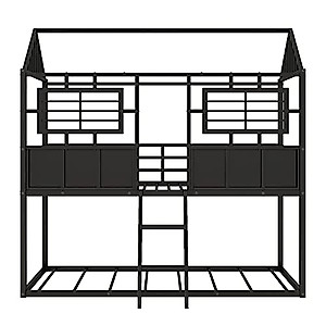 BIADNBZ Twin Over Twin Metal Bunk Bed House Shaped, Sturdy Low Bunkbed Frame with Roof and Fence-Shaped Guardrail, for Kids Boys Girls, Black